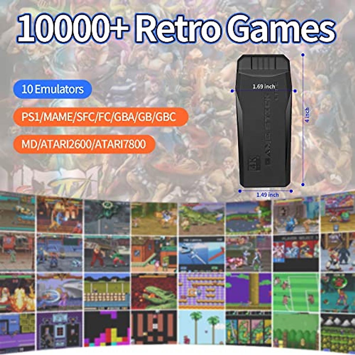 HeavenBird Wireless Retro Game Console, HD Classic Games Stick Built in 10 Emulators with 10000+ Games and Dual 2.4G Wireless Controllers, 4K HDMI Output Video Games for TV, Gift for Adults & Kids