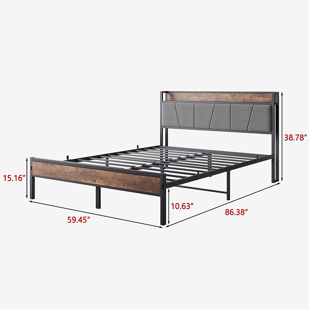 Shuoya Jewelry Queen Size Metal Platform Bed Frame with Storage and Charging Station Headboard, Heavy Duty Steel Slated Support, No Box Spring Needed, Noise-Free, Easy Assembly, Rustic Brown (Queen)