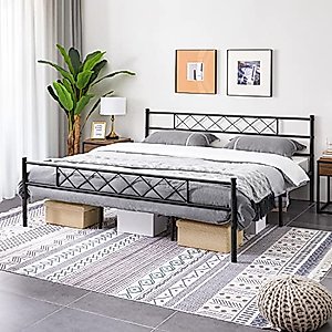 Yaheetech King Size Metal Bed Platform with Headboard and Footboard/Mattress Foundation/Under Bed Storage Black