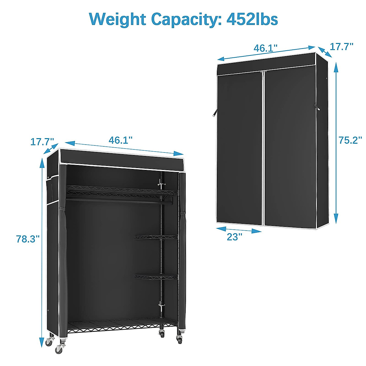 VIPEK V11C Portable Closet Rolling Clothes Rack 5 Tiers Heavy Duty Adjustable Wire Garment Rack with Lockable Wheels Wardrobe Black Metal Clothing Rack with Black Oxford Fabric Cover, Max Load 452LBS