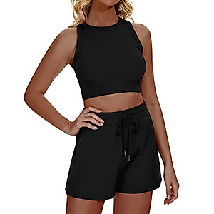 Funlingo Women's 2023 Waffle Knit Sleeveless Crop Top and Shorts Lounge Pajama Matching Sets Sweatsuits Tracksuits 2 Piece Summer Outfits Black M