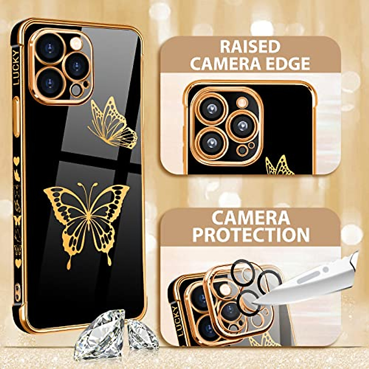 Petitian for iPhone 14 Pro Max Case, Cute Women Girls Gold Designed Butterflies Phone Cases for iPhone 14 Pro Max, Girly Gold Plating Phone Cover for 14 Pro Max with Camera Protector Black