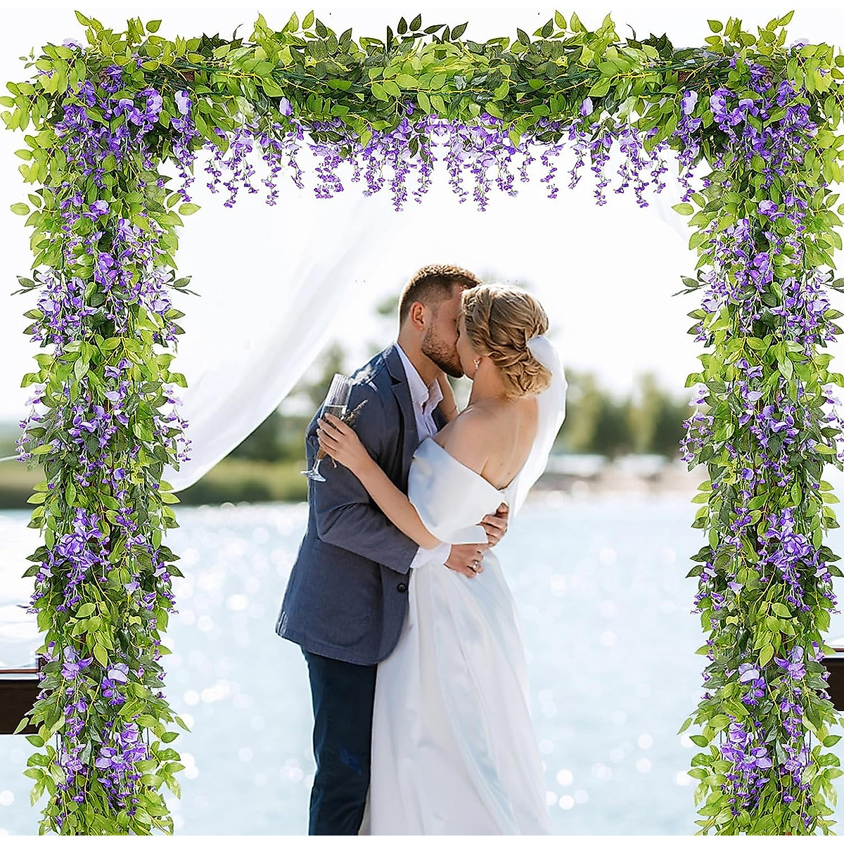 4Pcs 6.6Feet/Piece Artificial Flowers Silk Wisteria Garland Artificial Wisteria Vine Rattan Silk Hanging Flower for Home Garden Outdoor Ceremony Wedding Arch Floral Decor (Purple, 4Pcs 6.6Ft/Piece)