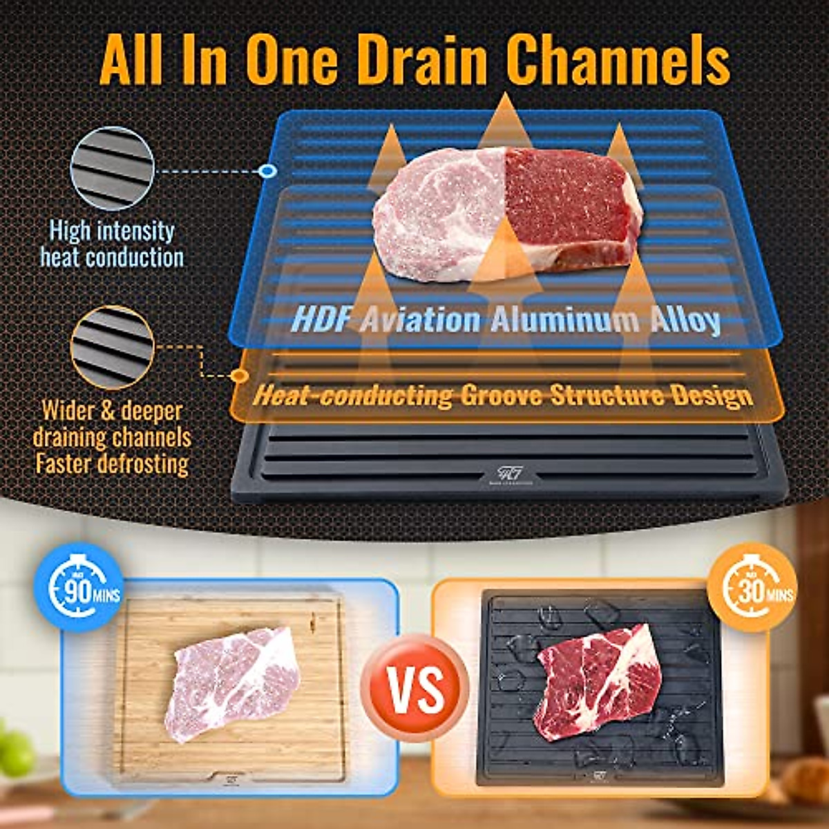 4T7 Defrosting Tray for Frozen Meat Quick Thawing, 8MM Extra Thick Plate Board for Steak Pork Chicken, with Grooves to Catch Drips, Non-Stick Thawing Tray Easy to Clean (Defrosting Tray Only)