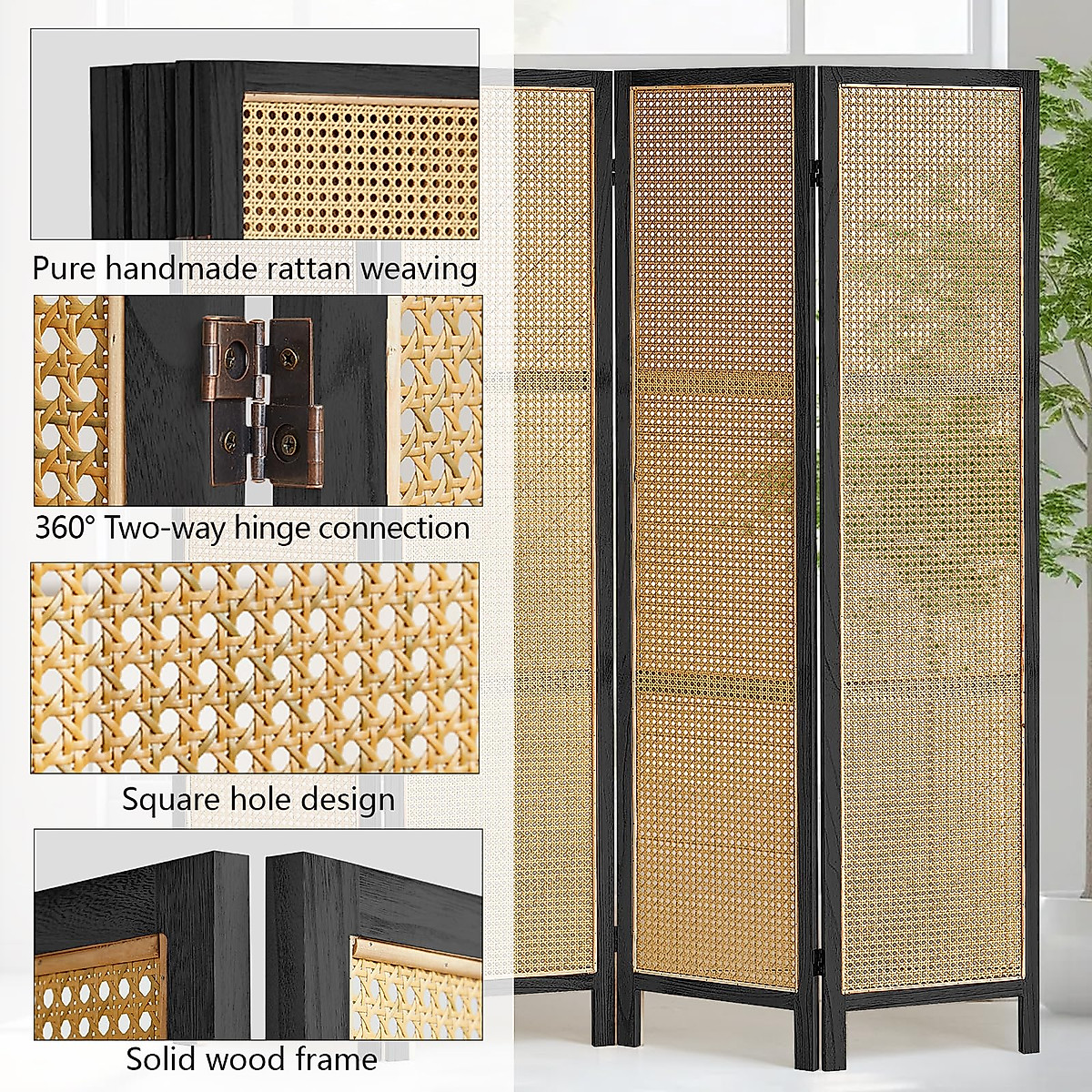 ALeesing 4 Panels Wood Room Divider and Folding Privacy Screens, Hand-Woven Rattan Room Dividers Panel, Room Divider Wall Freestanding, Room Partitions Screen for Home Office Bedroom, Black