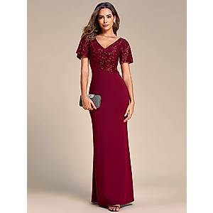 Ever-Pretty Women's Fall V-Neck Short Sleeves Sequin Top Mermaid Long Evening Party Dress Burgundy US10