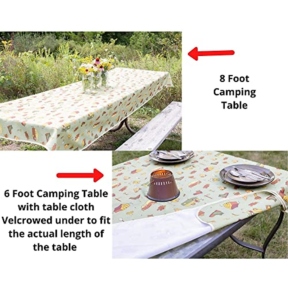FoxCarr RV and Camping Table Cloth Will fit a 6ft or 8ft Picnic Table. Made of Polyester. This Camping Tablecloth is Washable. This Camping Accessories is for Outdoor Table Cover Product Name