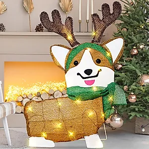 DROFELY 27”Christmas Corgi Lighted up Decoration for Indoor Display with LED Lights, Lighted 2D Christmas Dog with 20 Warm White Lights Decorative Christmas Tree,Home Xmas Holiday Addition AZ23GF-10