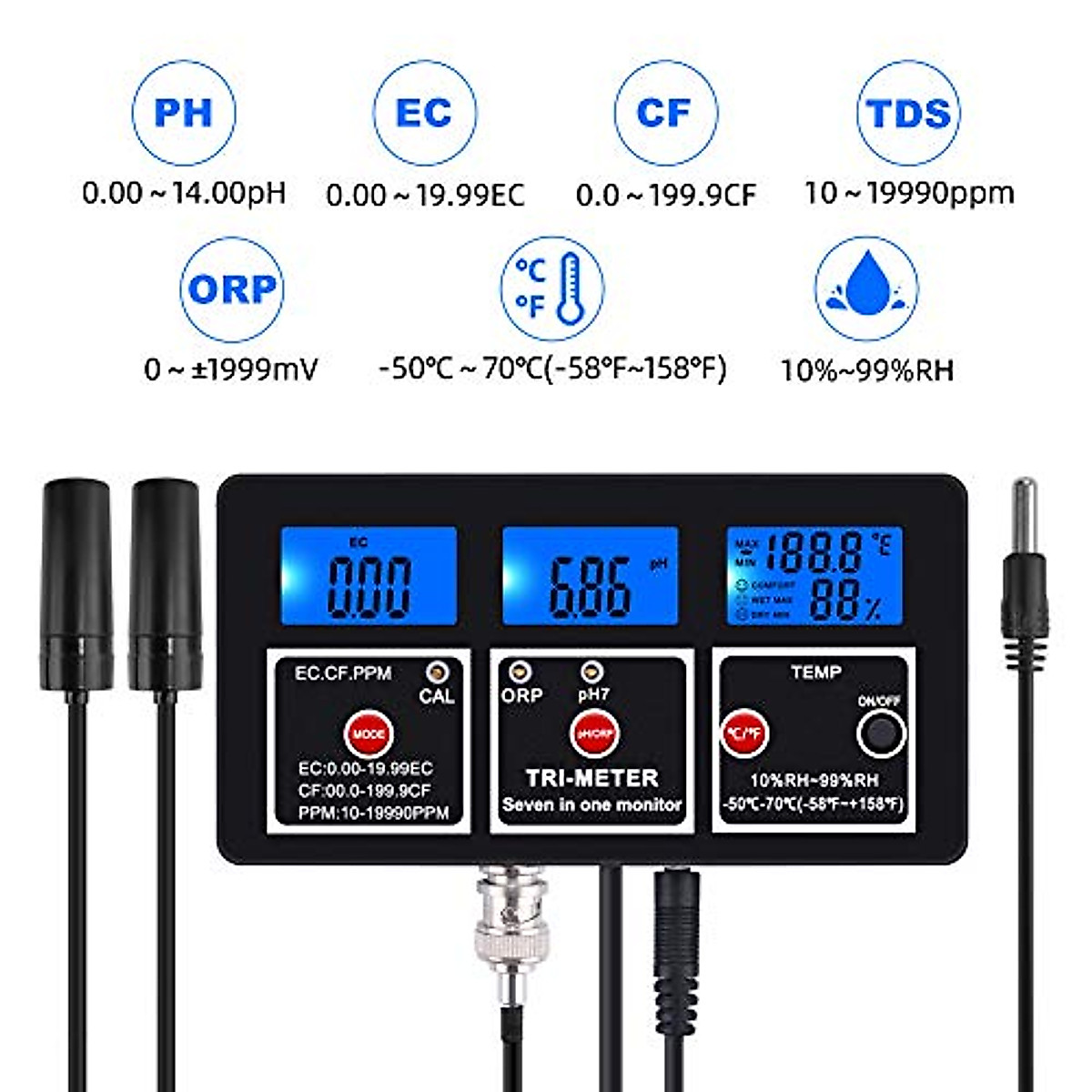 RCYAGO 7 in 1 pH/RH/EC/CF/TDS(PPM)/ORP/Temperature Rechargeable Multi-Parameter Wall-Mount Water Quality Tester
