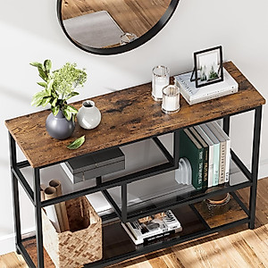 IDEALHOUSE Console Table, 4-Tier Sofa Tables Narrow Entryway Table with Glass Shelf and Metal Frame, 39.4" Behind Couch Table Industrial Hallway Table for Living Room, Foyer, Bedroom, Rustic Brown