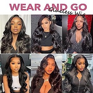 UTracycoy Glueless Wigs Human Hair Pre Plucked, Wear and Go Body Wave No Glue Pre Cut HD 4x4 Lace Closure Front Wigs for Beginners, Black Women, 22 Inches