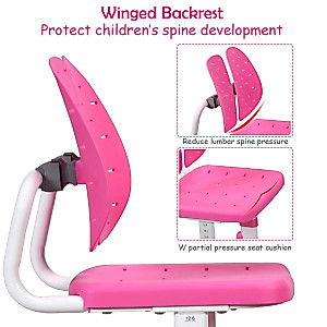 BABY JOY Kids Desk and Chair Set, Height Adjustable, Children's Study Table with Large Storage Space, Ergonomic Winged Backrest Chair, Student School Desk Set Great Gift for Ages 3 to 14 (Pink)