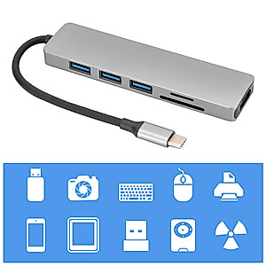 Type C to HD Multimedia Interface Hub Adapter, 6 in 1 Aluminum Alloy Converter USB3.0 Video Audio Interface with Over Current Detection Protection