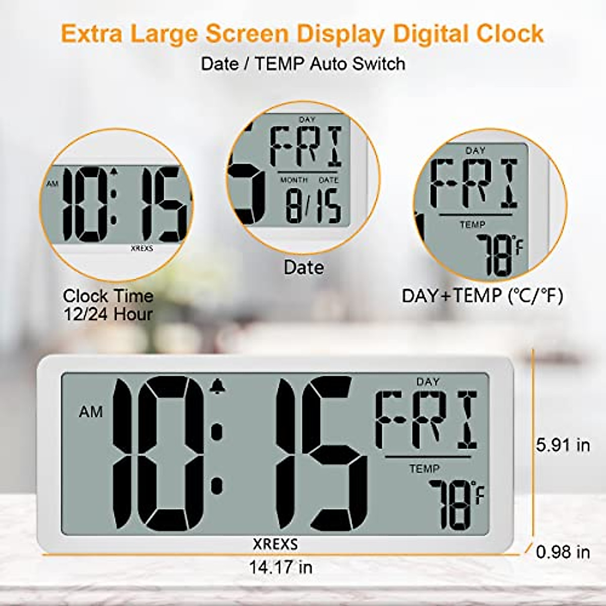 XREXS Large Digital Wall Clock, Electronic Alarm Clocks for Bedroom, Count Up & Down Timer, Battery Operated 14.17 Inch Large LCD Screen with Time/Date/Temperature Display