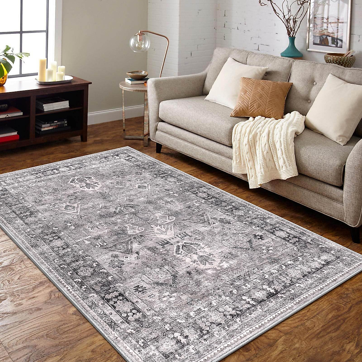 HEBE Washable Area Rug 3x5 Entry Rug Soft Distressed Area Rugs Non Slip Indoor Door Mat Boho Rug Oriental Accent Throw Rug Floor Carpet for Bedroom Kitchen Entryway Bathroom