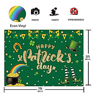 Funnytree 7x5FT Happy St. Patrick's Day Photography Backdrop Lucky Party Decoration Green Shamrocks Spring Rainbow Hat Leprechaun Legs Background Flags Banner Supplies