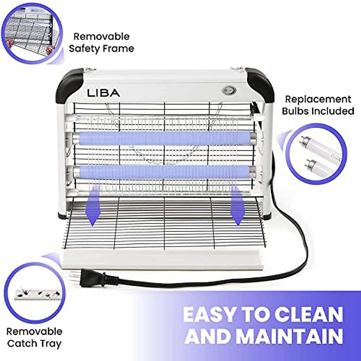 LiBa Electric Bug Zapper (2-Pack) Indoor Insect Killer - (4) Extra Replacement Bulbs - Fly, Mosquito Killer and Repellent - Lightweight, Powerful 2800V Grid, Easy-to-Clean, Removable Washable Tray.