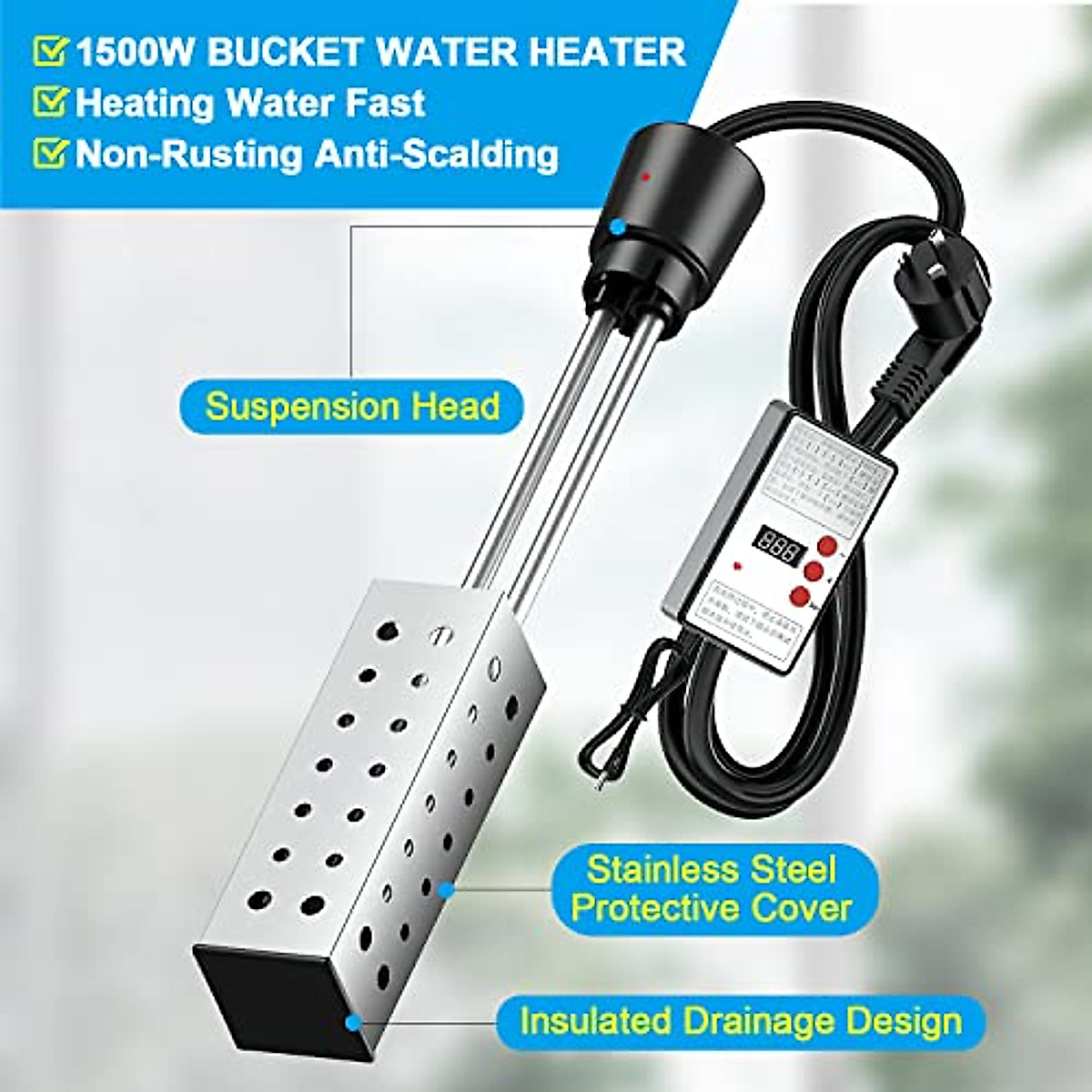 Bucket Heater Immersion Water Heater with Timer 1500W Floating 304 Stainless-Steel Guard Water Heater Replacement Parts Heats for Bathtub,Bucket,Garden,Pool,Heating 5 Gallons Water in Minutes