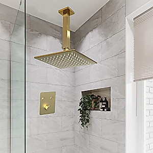 Aquaiaw Square Shower Arm and Anti-Scratch O-Ring Flange, 8 inch, Solid Brass, Both Soldered 1/2 NPT Tapered Threads, Straight Rainfall Shower Head Arm Extension, Ceiling Mount Arm (Brushed Gold)