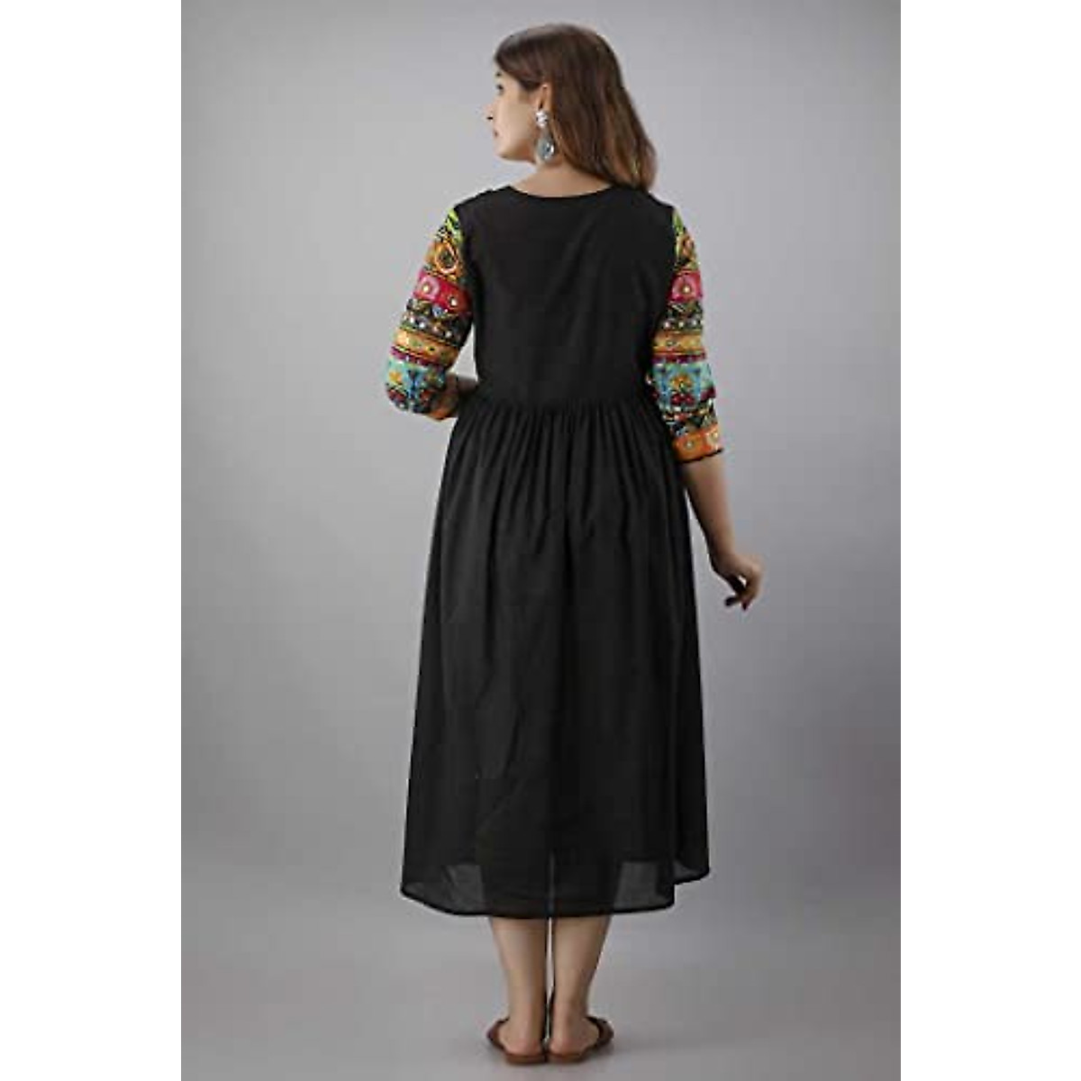 Women's Rayon Floral Printed Anarkali Kurti With Tassels (Black-Medium/38)