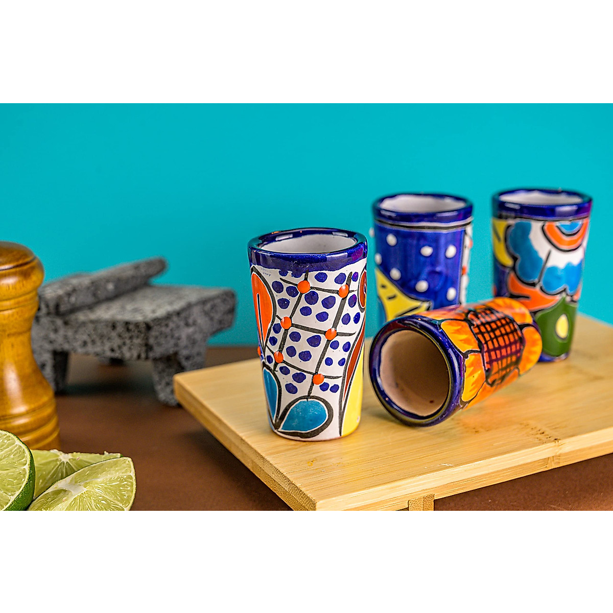 MEXTEQUIL - Talavera Shot Glasses Set of 4 Authentic Mexican Tequila Shot Glasses - Hand-painted - 2 Oz (Flowers)