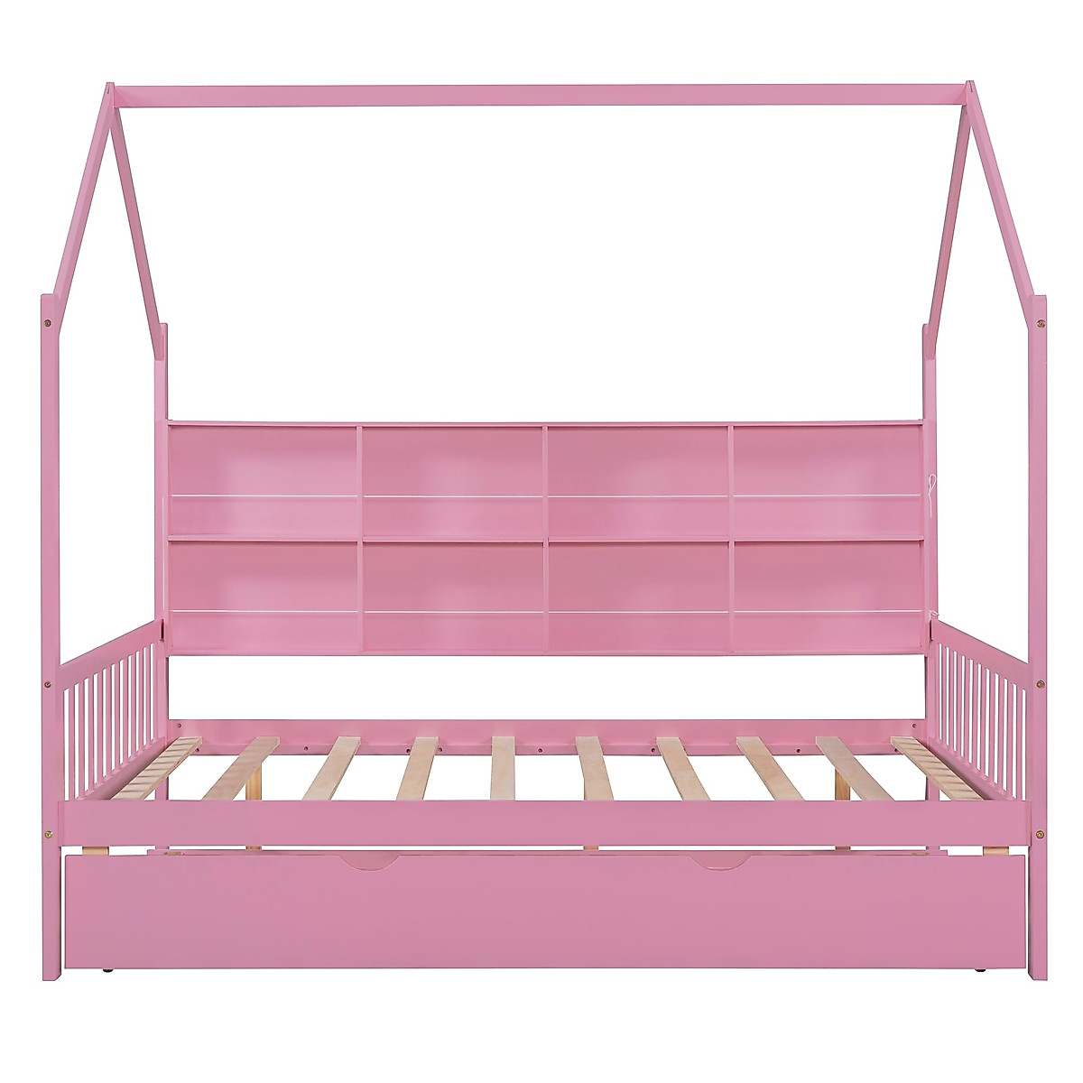 Full House Bed with Trundle and Storage Shelves, Montessori Bed Full Size Platform Bed Frame with Roof, Tent Bed, Solid Wood Playhouse Bed for Kids Teens Girls Boys (Full Size, Pink)
