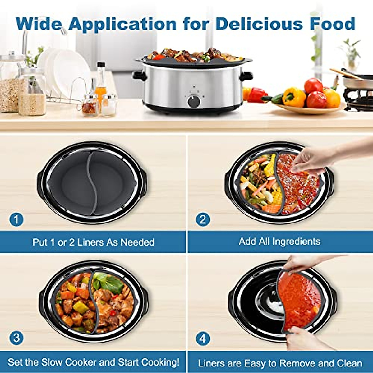 Dompion Silicone Slow Cooker Liners, Reusable 2 Divider Insert Fits for Crock-pot Oval 6 QT Slow Cooker, Dishwasher Safe, Easy Cleanup, Food-Grade BPA Free Cooking Liners for Most 6 QT Slow Cooker