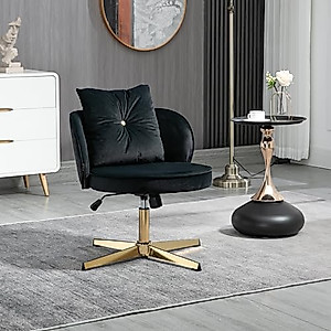 MOONMISS Swivel Office Desk Chair - Ergonomic Comfy Desk Chairs with Pillow, Adjustable Velvet Vanity Chair for Study, Office, Make-up, Black-Gold Legs