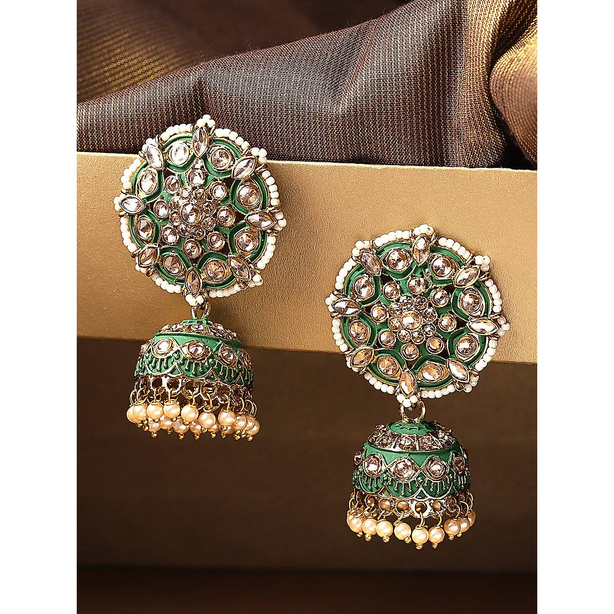 Priyaasi Green Traditional Indian Jhumka Earrings for Women | Fashionable Floral Design | Stone Studded | Pearl Drop | Gold Plated | Earrings for Women with Pushback Closure | Ethnic Bridal Earrings