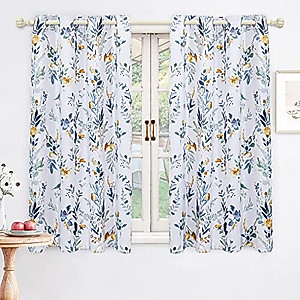 MYSKY HOME Floral Blackout Curtains 63 Inch Long Living Room Bedroom Curtains Thermal Insulated Curtains Room Darkening Curtains Printed Flower Leaf Window Treatments, 2 Panels, Yellow and Blue