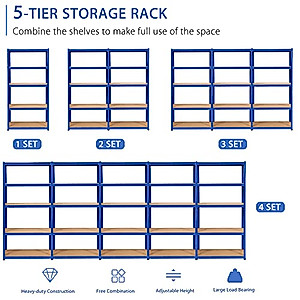 IRONMAX Metal Garage Storage Shelving, 5 Tier Adjustable Rack Shelf Organization, Heavy Duty Shelves Unit for Warehouse Pantry Closet Kitchen Basement, 30’’W x 12’’D x 60’’H (4, Navy Blue)