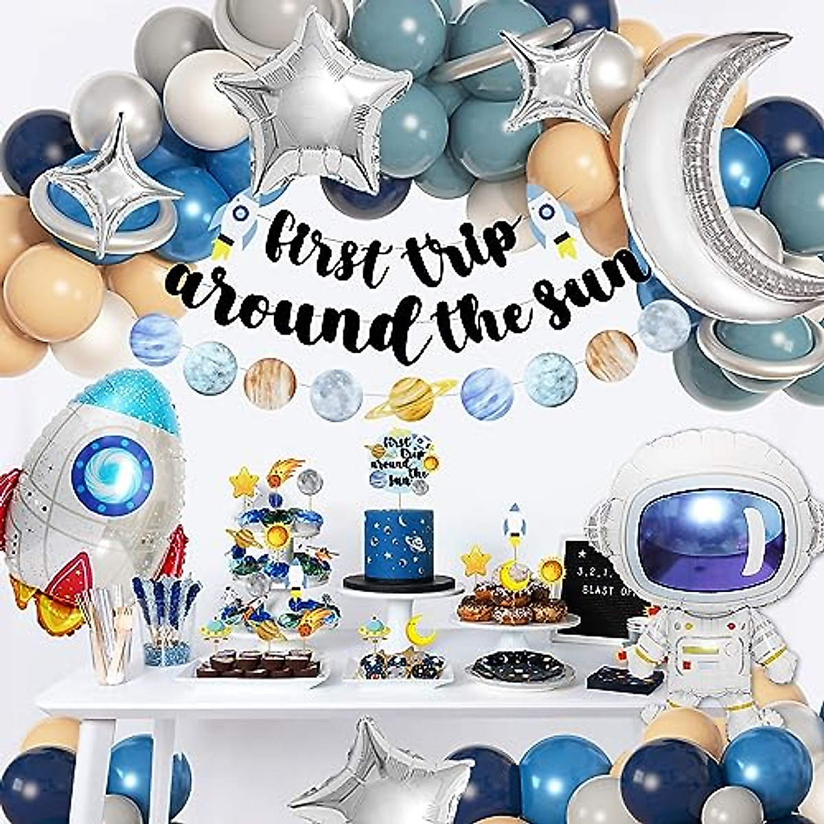 First Trip Around the Sun Birthday Decorations- 74pcs Outer Space Balloon Garland Kit with Banner Cake Topper Astronaut Foil Balloons for Boy 1st First Birthday Baby Shower Space Galaxy Party Supplies