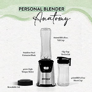 Personal Compact Bullet Blender with BPA-Free 400mL Short Blender Cup and 600mL Tall Cup, Portable Blender for Shakes and Smoothies, Mini Blender for kitchen with Extractor Blade - Domaya