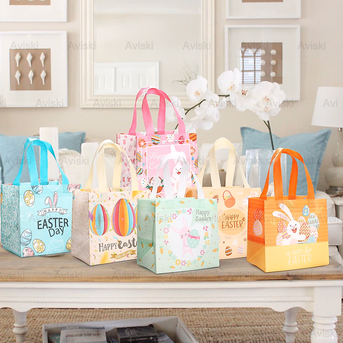 6PCS Happy Easter Egg Hunt Bags Easter Bunny Carrot Chick Egg Gift Bags with Handles, Easter Treat Bags, Multifunctional Non-Woven Easter Bags for Gifts Wrapping, Egg Hunt Game, Easter Party Supplies , 8.3×7.9×5.9inch