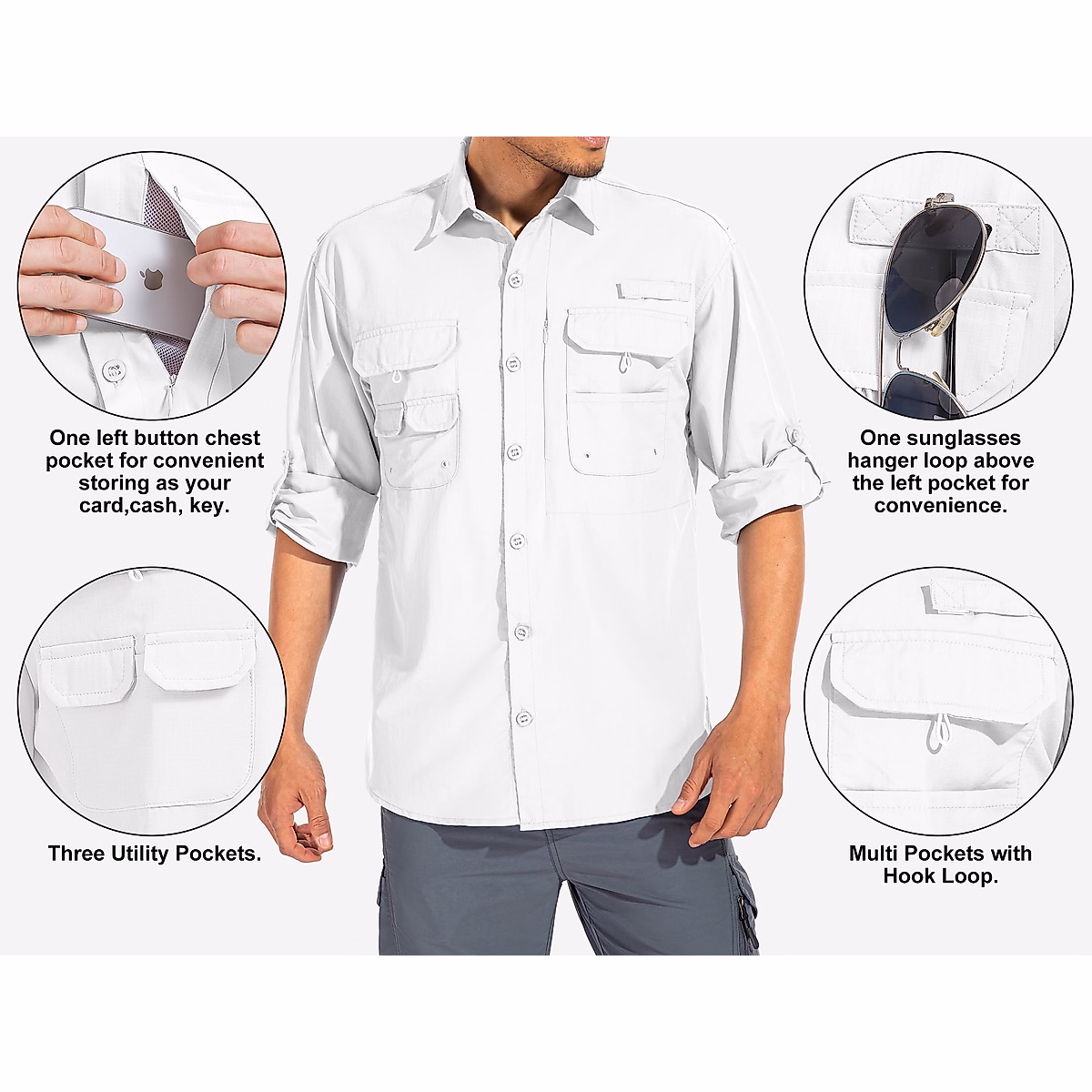 linlon Mens Safari Shirts Long Sleeve UV Protection Hiking Fishing UPF 50+ Quick Dry Cooling Camping Travel Shirts#5066-White-XXL