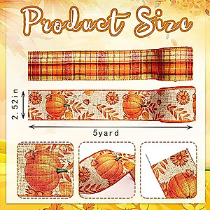 Threetols 2 Rolls 10 Yards Fall Wired Edge Ribbons, 2.5inch Orange Plaid Burlap Ribbons, Autumn Leaves Pumpkin Ribbon for Thanksgiving Party DIY Craft Fall Wreath Bow Decor