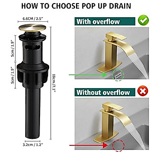 Hoimpro Brushed Gold Waterfall Spout Single Hole Bathroom Faucet, Stainless Steel Single Lever Bathroom Vanity Sink Faucet with Drain, cUPC Hose and Deck Plate