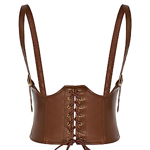 Women Underbust Corset Belt Elastic Faux Leather Steampunk Renaissance Goth Corset Dark Brown S