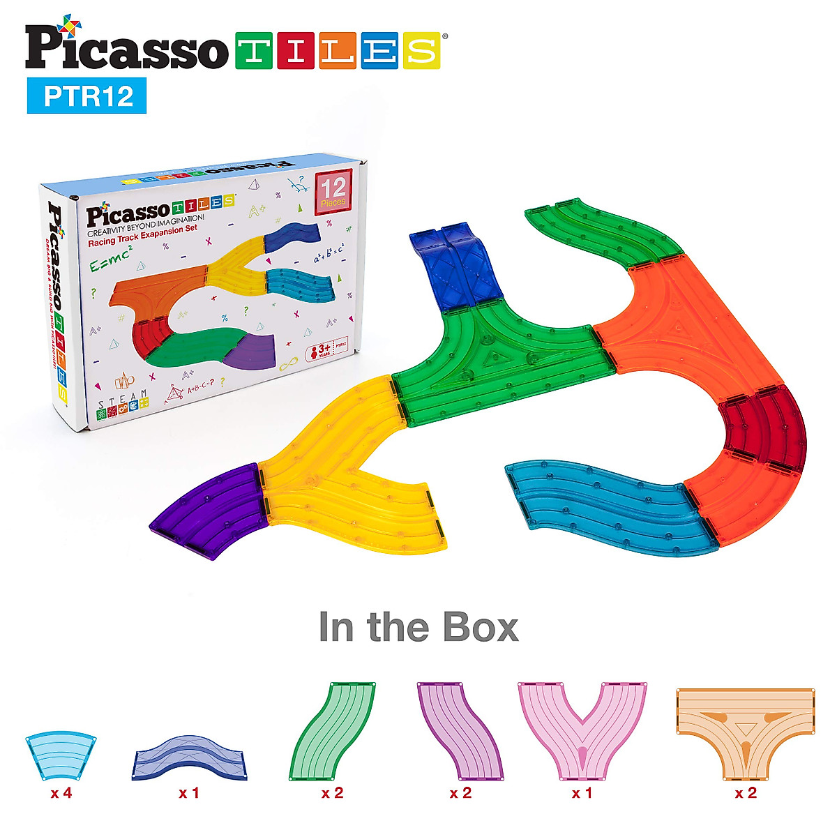 PicassoTiles 12 Piece Race Track Add-On Magnetic Building Block Set Magnet Tiles Construction Toy STEM Learning Kit Early Education Kids Toys Playset Pretend Play Blocks Child Brain Development PTR12
