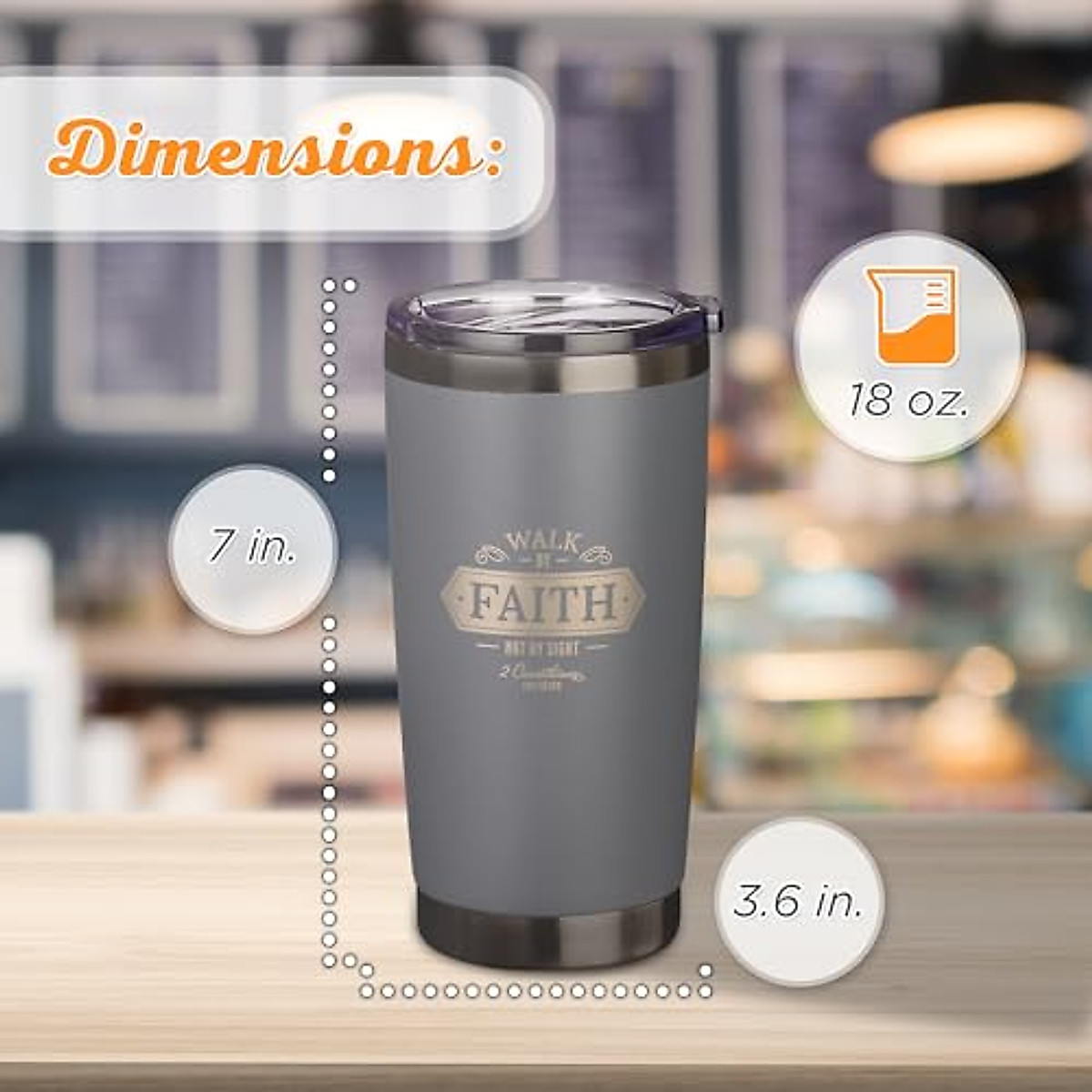 Christian Art Gifts Stainless Steel Double Wall Vacuum Insulated Travel Mug 18 oz Gray Bible Verse Tumbler with Retractable Lid for Men & Women - Walk by Faith - 2 Corinthian 5:7