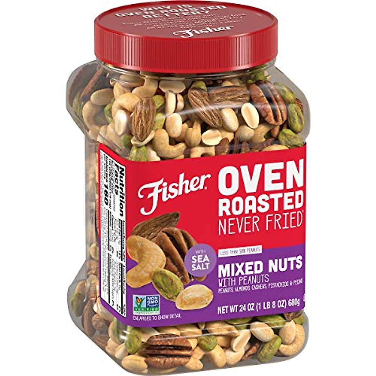 Fisher Snack Oven Roasted Never Fried Mixed Nuts with Peanuts, 24 Ounces, Peanuts, Almonds, Cashews, Pistachios, Pecans, Made With Sea Salt, Non-GMO, No Oils, Artificial Ingredients or Preservatives