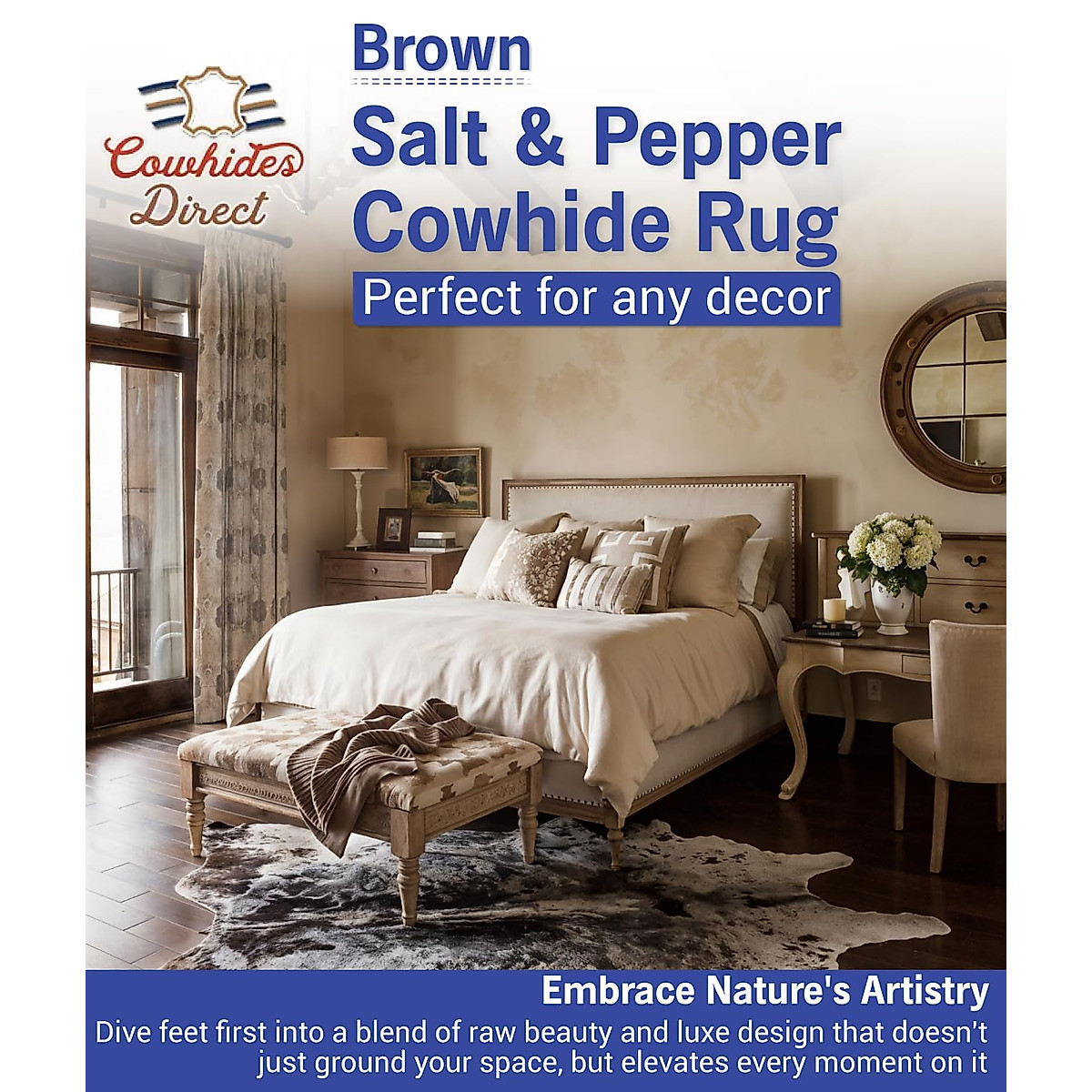 Cowhides Direct Genuine Cowhide Rug (Salt & Pepper) - Authentic Cow Rug with Non-Slip Suede Backing - Cow Rugs for Living Room, Bedroom & More - Decorative Rug (Brown, 7x6 XL)