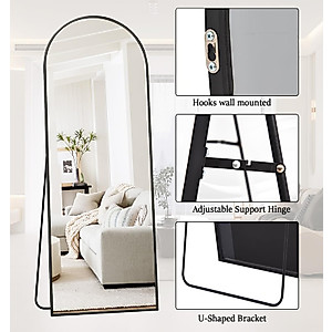 Rowjut 64"x21"Floor Mirror Arched Full Length Mirros, Mirror Floor Length Standing Hanging or Leaning & Large Full Body & Wall Mirror for Bedroom, Living Room, Aluminum Frame, Black