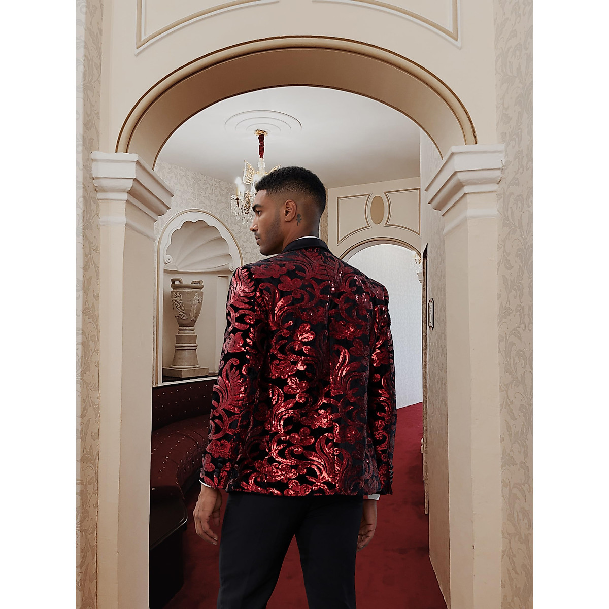 PJ PAUL JONES Men's Suit Jackets Velvet Sequins Tuxedo Jacket Shawl Lapel Slim Fit Casual Blazer for Men Dinner Wine Red 2XL