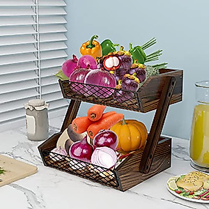 Dorhors Fruit Basket for Kitchen, 2 Tier Fruit Bowl,Kitchen Counter Organizer,Wooden Fruit Holder for Kitchen Countertop,Bread Fruit Vegetable Storage Basket Stand