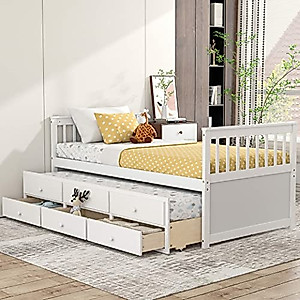 DORTALA Trundle Bed Twin Size, Wooden Daybed w/Trundle and 3 Storage Drawers, No Box Spring Required, Modern Captains Bed for Boys Girls Adults, Great for Bedroom, Guest Room (White, Twin)