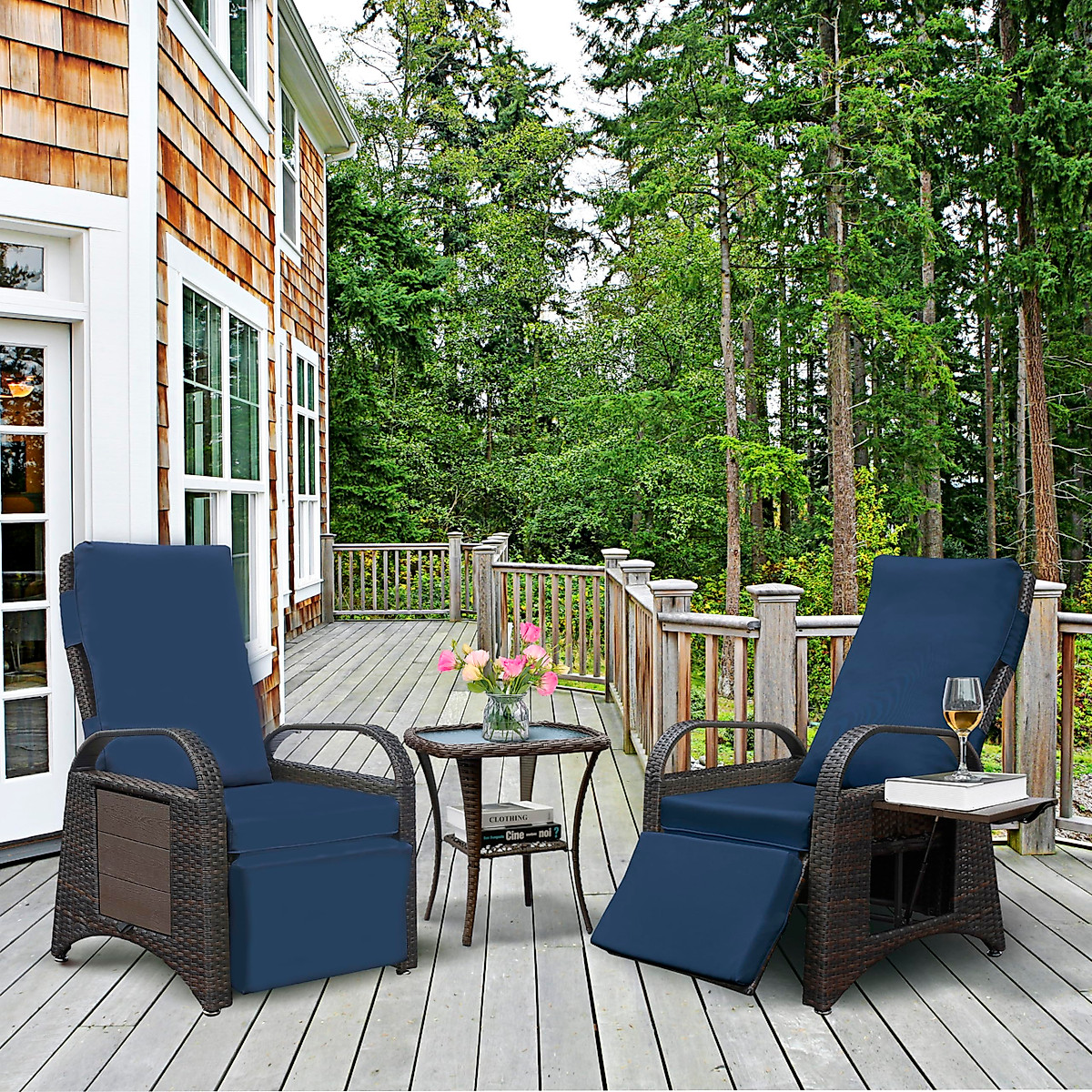 ATR ART TO REAL Outdoor Recliner Bistro Set of 3, All-Weather PE Wicker Patio Reclining Lounge Chair with Side Table (Set of 3 - Navy Blue)