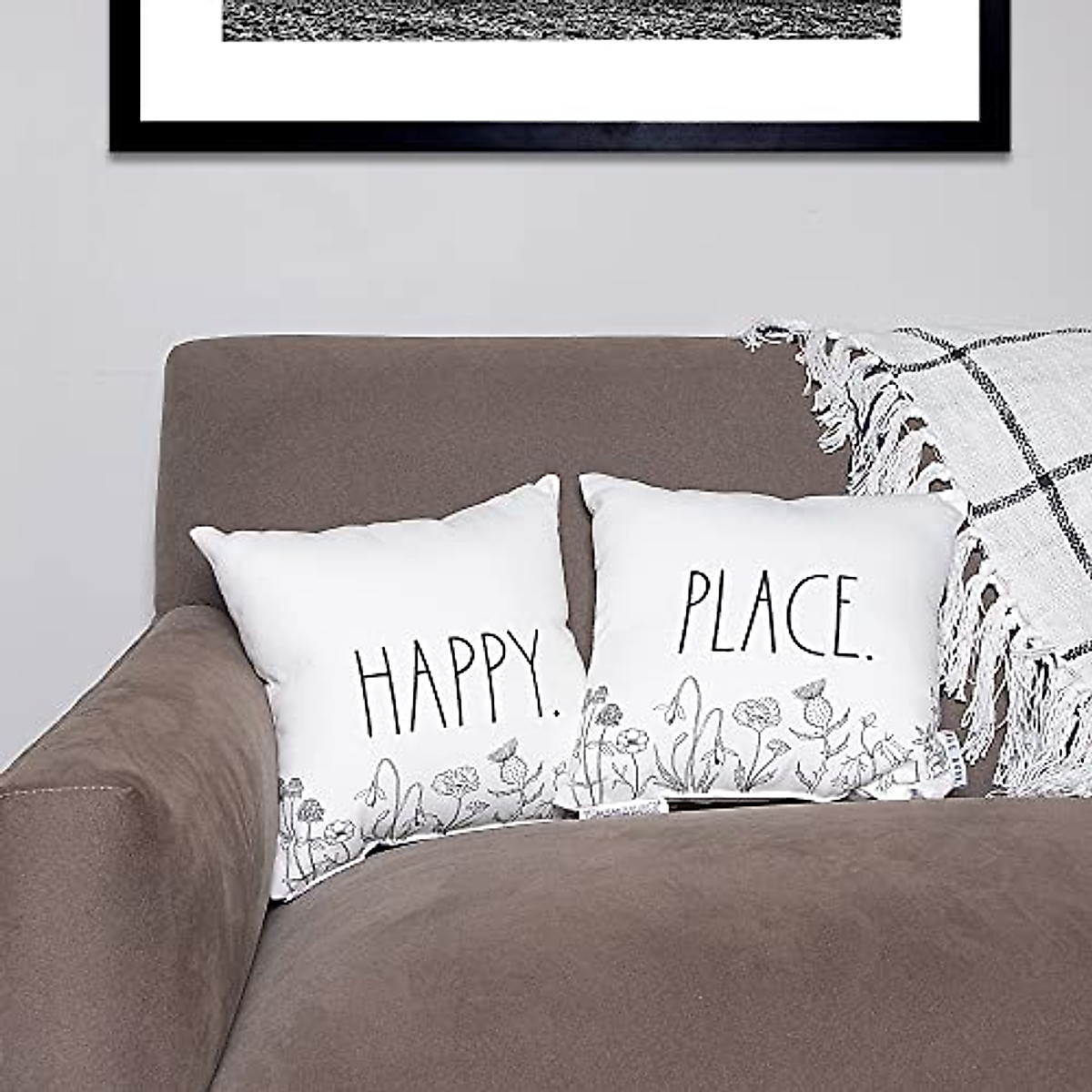 Rae Dunn Decorative Throw Pillows, Decor for Living Room and Bedroom, 2 Pack of 12x12 inch Pillows, Soft, Throw Pillows for Couch, Bed, Chair, Labelled Happy, Place in Signature Font