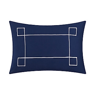 Chic Home 4 Piece Kendall Contemporary Greek Key Embroidered Reversible Queen Duvet Cover Set Navy Shams and Decorative Pillows Included