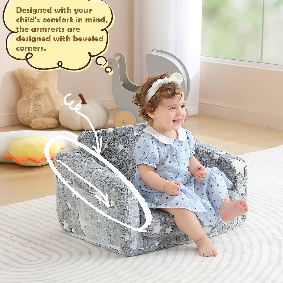 Kisdsa Kids Couch Fold Out,Foldable Toddler Couch with Blanket,Kids Sofa for Girls Boys,Flip Out Toddler Chair,Kids Chair Convertible Sofa to Lounger for Children Age 1-3(Glow Star)